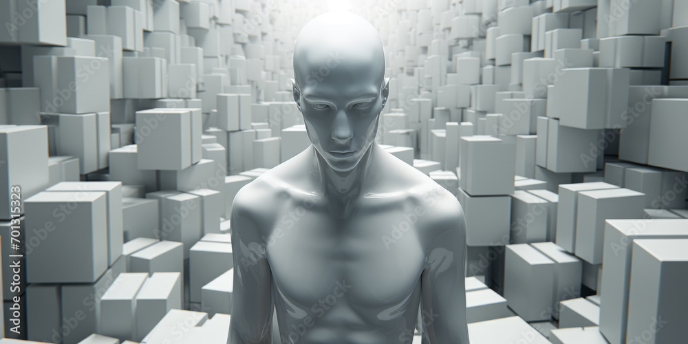 A detailed portrait of a male humanoid standing in front of a cube wall ...