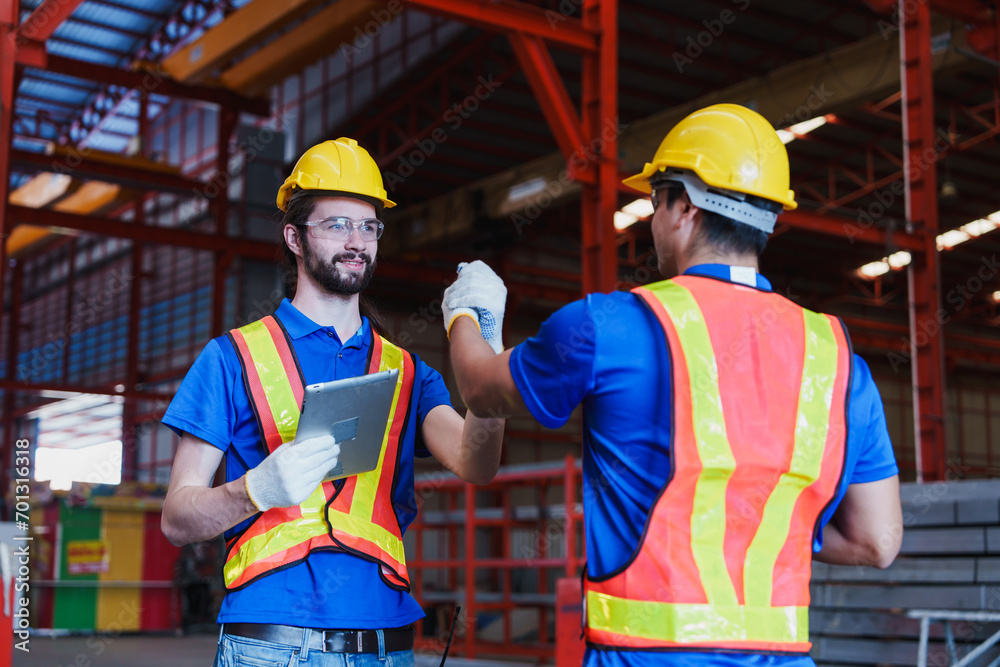 Logistics engineer and inspector holding hands with teamwork working ...