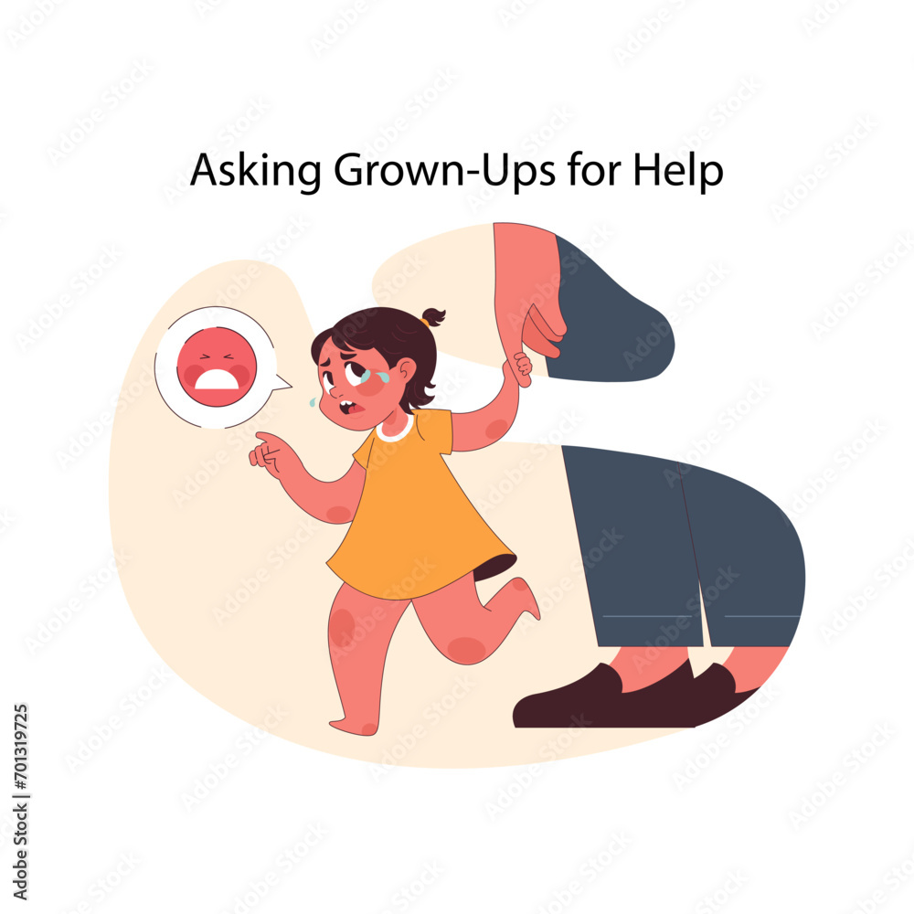 Child seeking assistance concept. A small girl reaches out to an adult ...