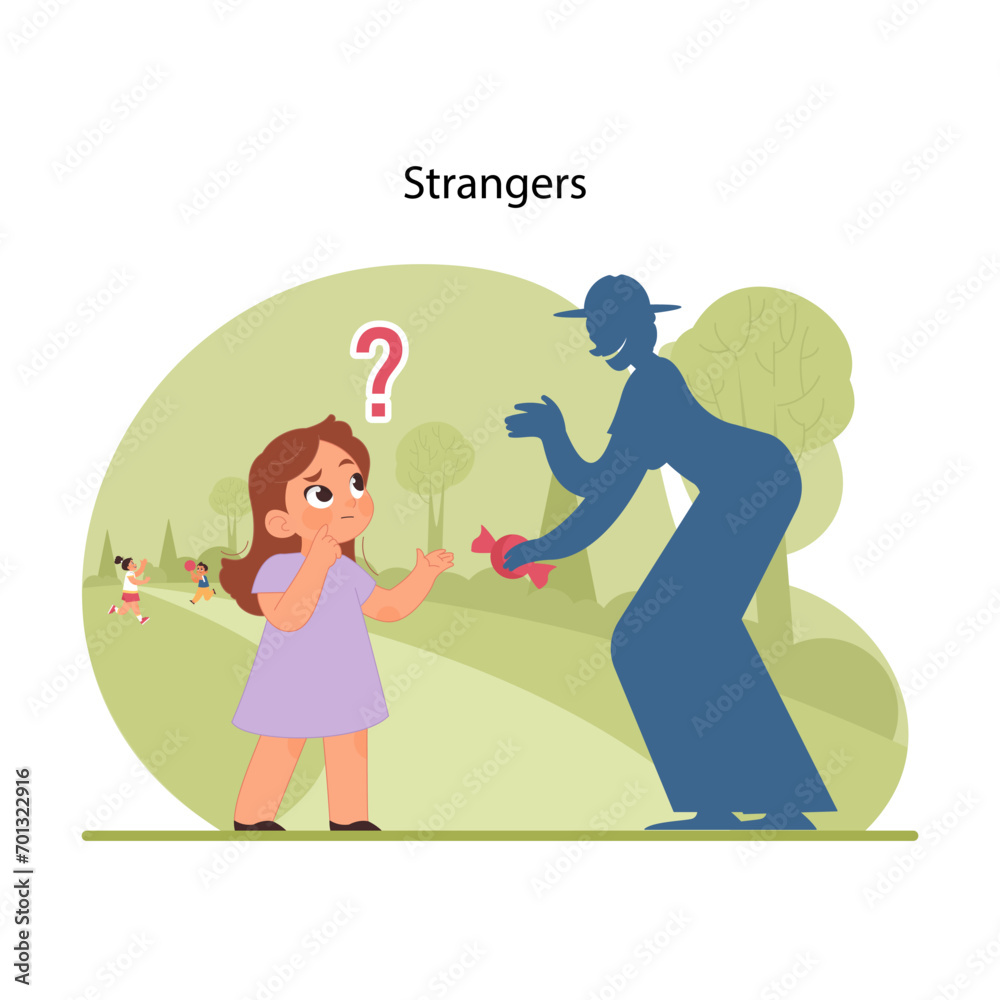 Stranger danger awareness. Little girl confused and hesitating ...