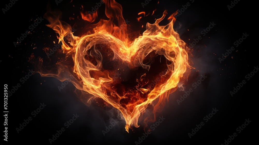 a fire heart in the shape of a fireball on a black background with ...