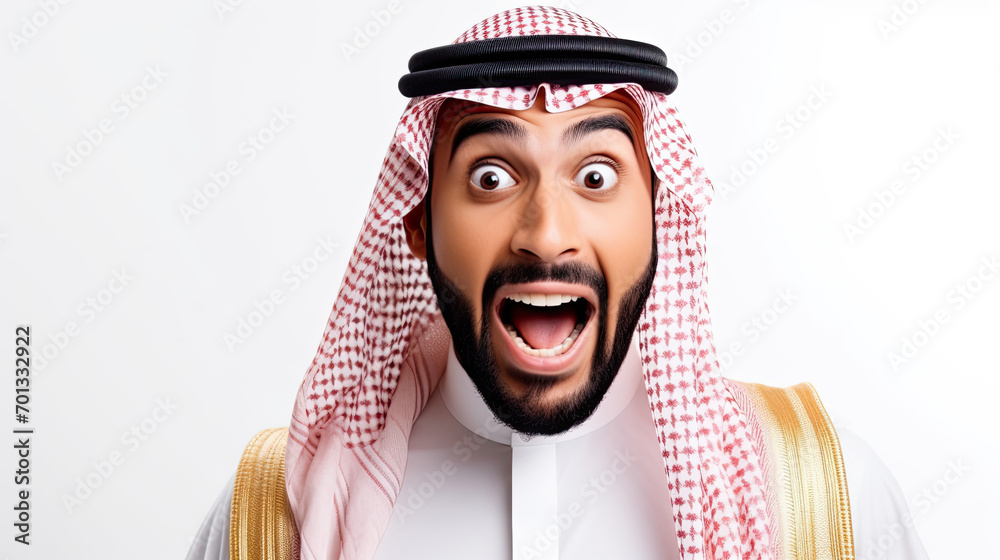 Surprised Arab Middle Eastern Saudi man in traditional thobe with ...
