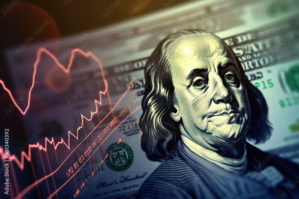 Candle stick graph chart with Benjamin Franklin on the background of ...