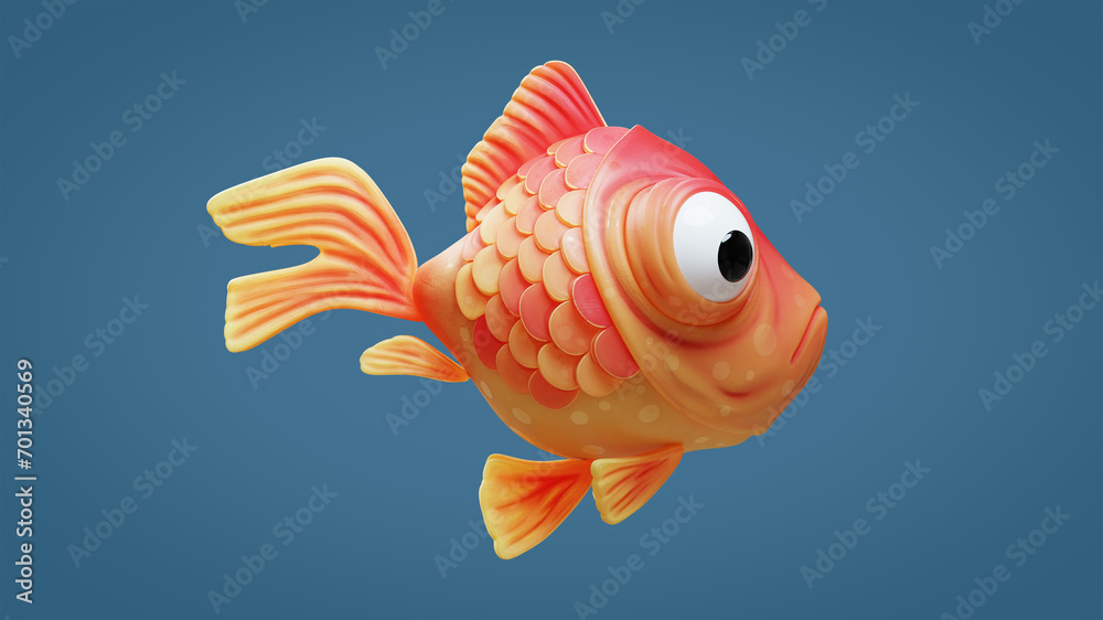 Concept art of sad little сute cartoon kawaii funny spherical goldfish ...