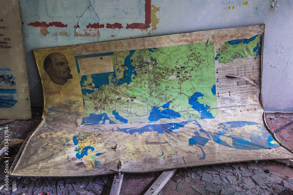 Pripyat, Ukraine - September 20, 2016: Old map in High school No 3 in ...