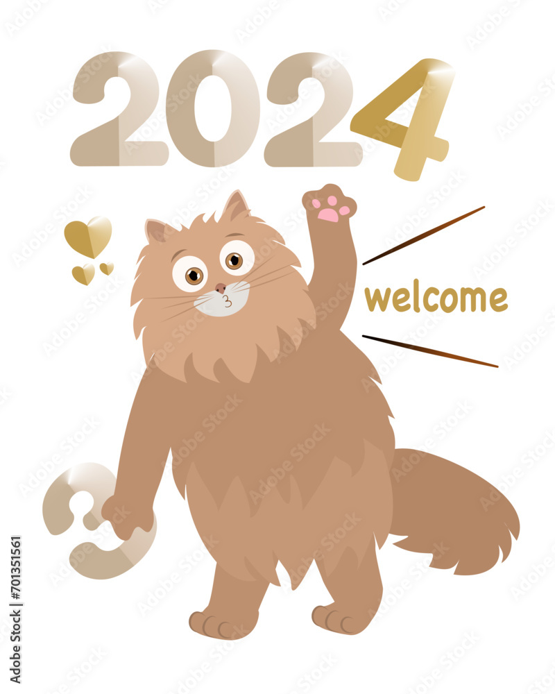 Welcome 2024, goodbye 2023. A chubby, fluffy cat waves its paw while ...