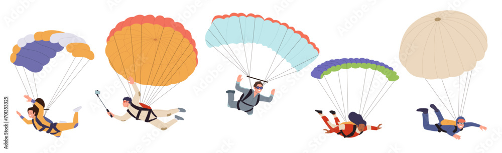 Man and woman skydivers cartoon characters jumping and falling with ...