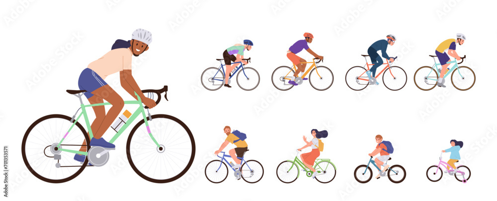 Happy people cartoon characters riding sportive bicycles and recreation ...