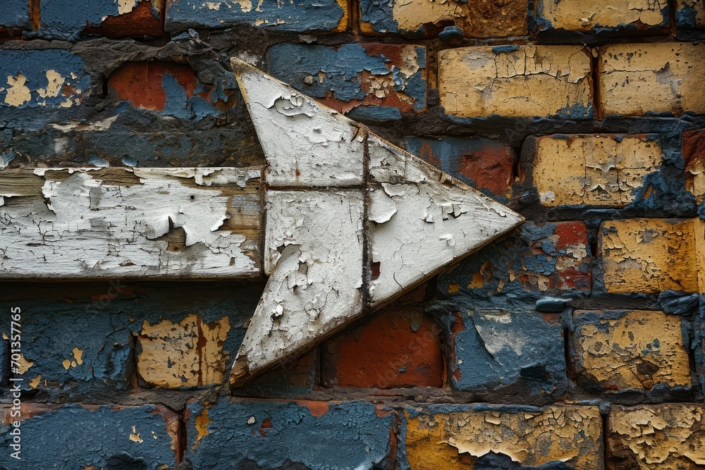 Vintage Arrow Sign on Worn Brick. An old white arrow sign on a worn and ...