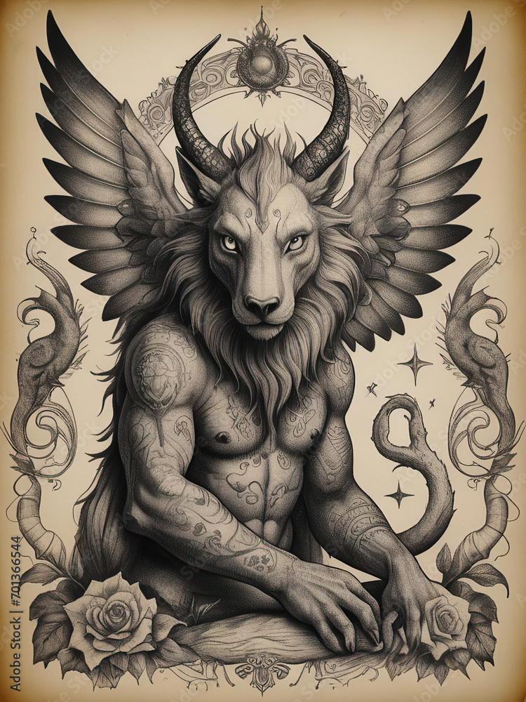 Vintage Mythical Tattoo Design - Intricate dotwork and stippling on ...