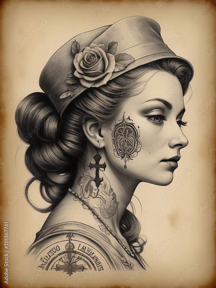 Vintage Victorian Era Tattoo Design on Aged Parchment - Engraved ...