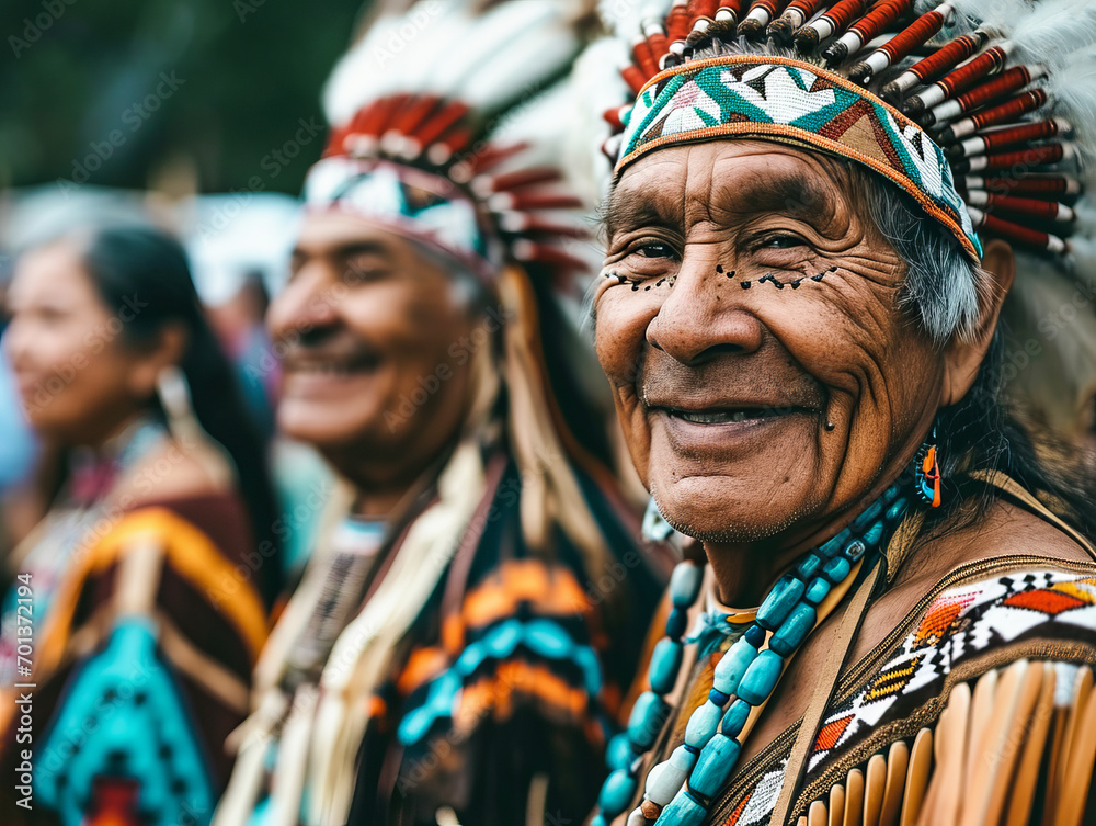 Smiling native indigenous people of USA, native americans dressed in ...