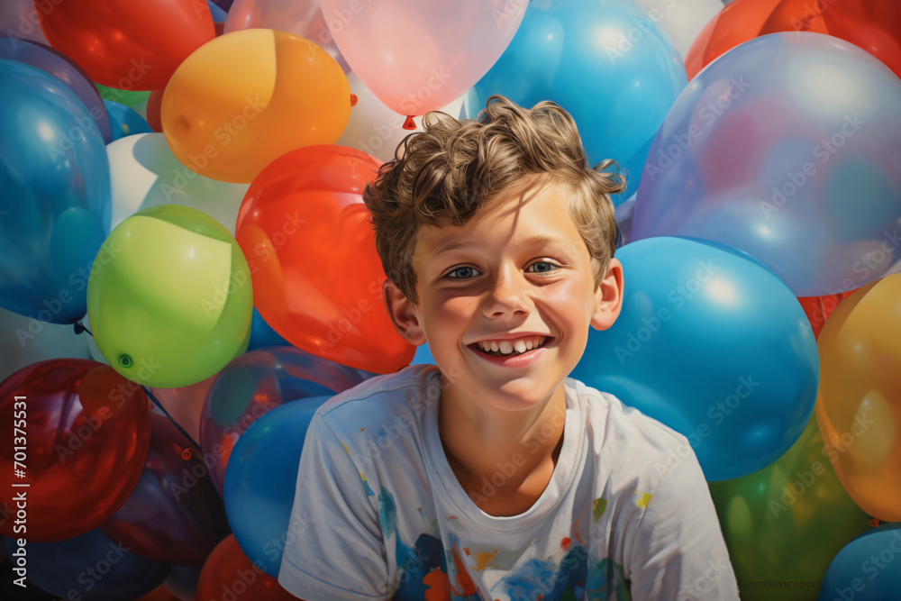 Illustration of a young boy smiling in front of colorful balloons ...