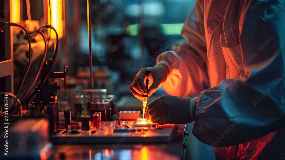 Researcher, scientist, or laboratory man in a PPE suit working with ...