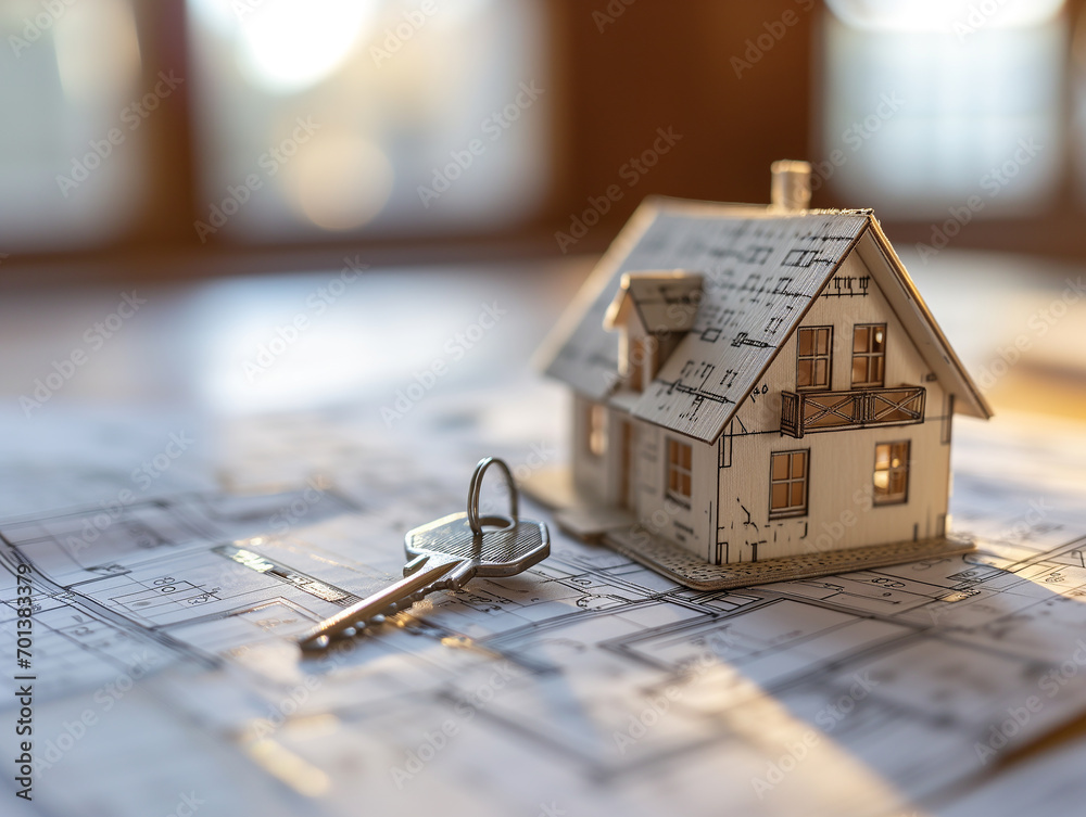 house model and house key lying on the floor plan construction plan ...