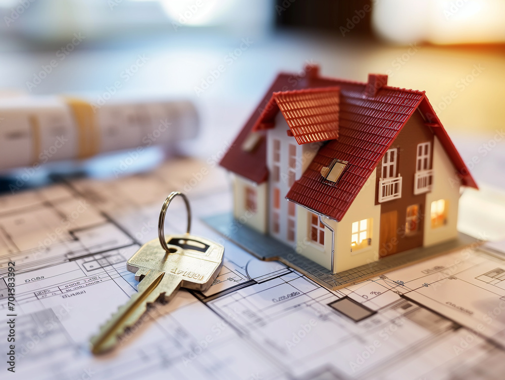 house model and house key lying on the floor plan construction plan ...