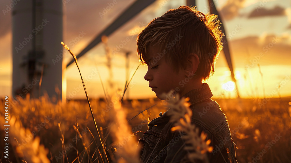 A kid in front of an onshore wind turbines. A kid learning about ...
