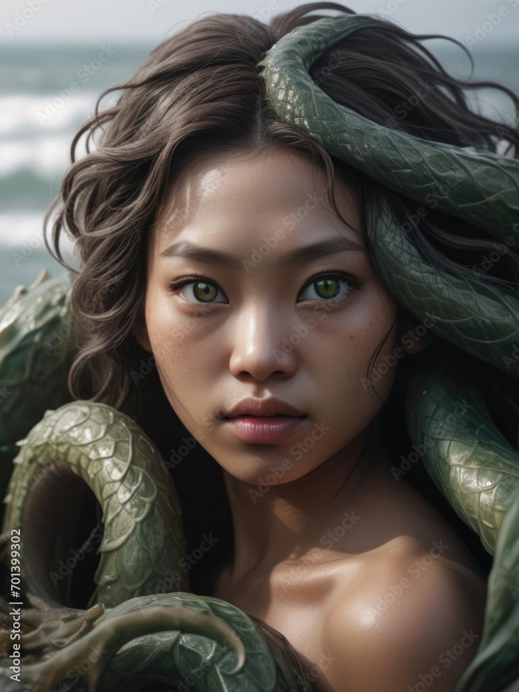 Mythical Sea Monster - Ultra-wide bird's eye view close-up of a ...