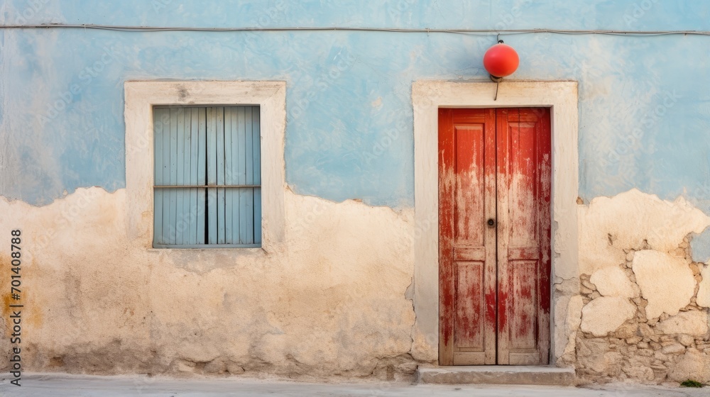 Half-destroyed building wall with wooden door and window. The facade of ...