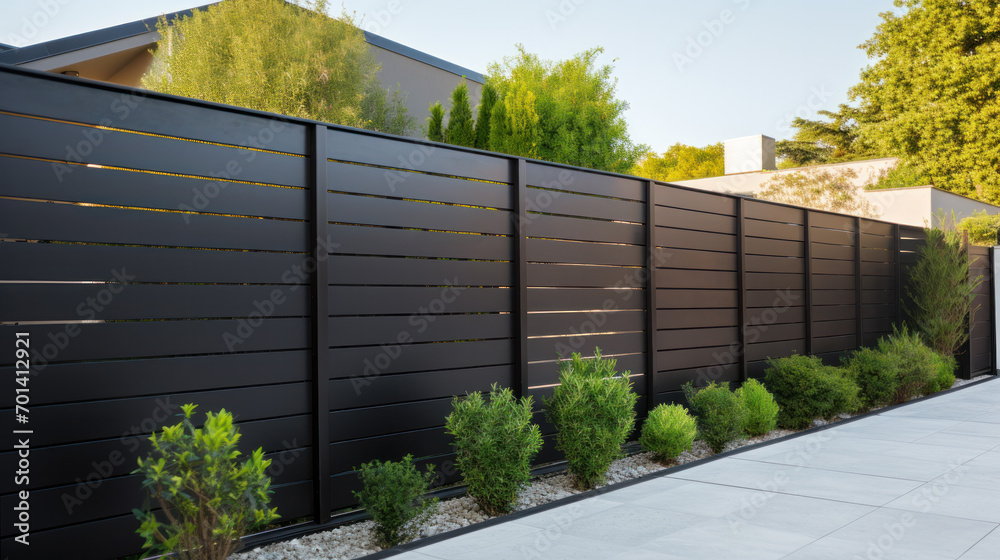 Modern metal fence for fencing the yard area. Horizontal sections of ...