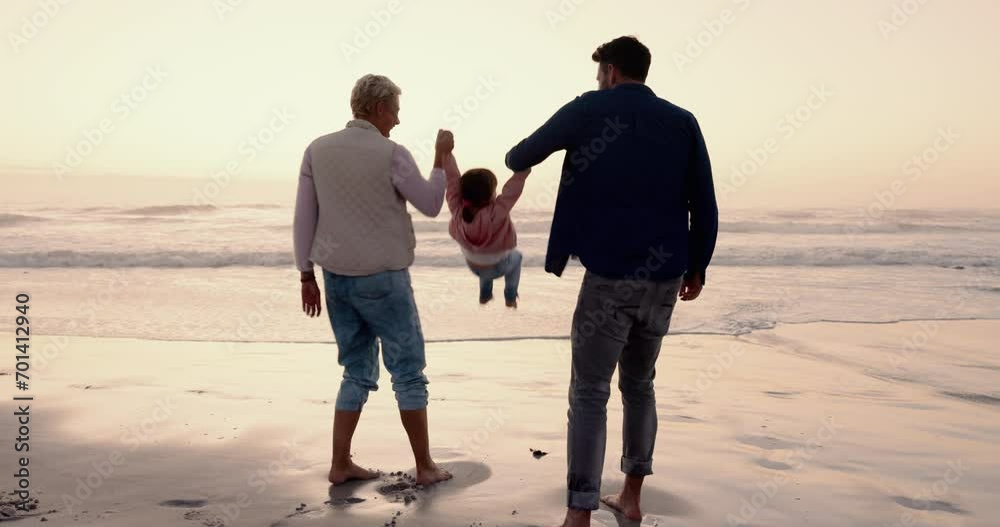 Parents, girl and holding hands with swing at beach, back and outdoor ...