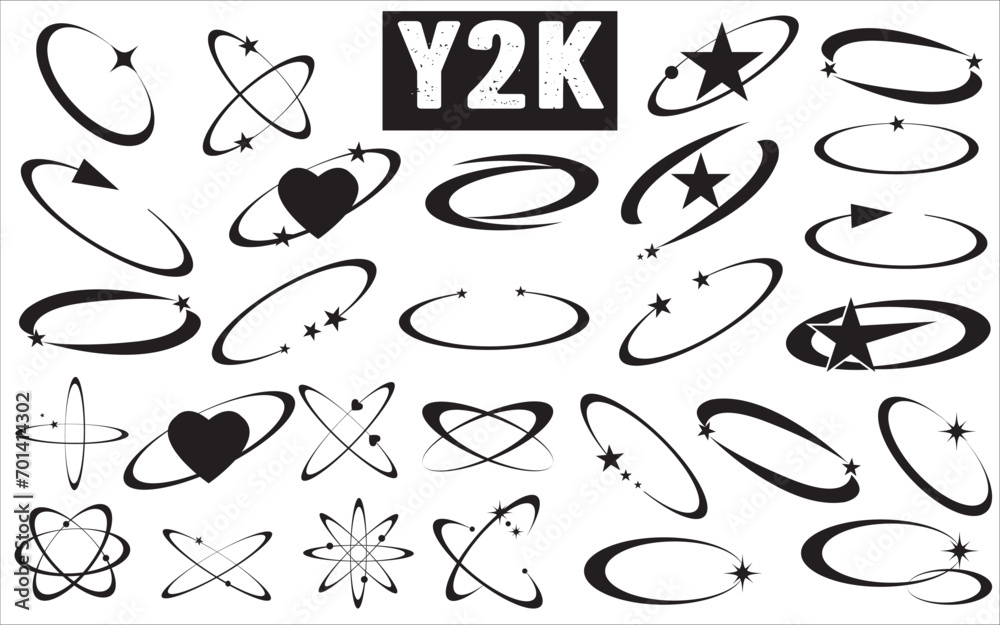 Set of abstract retro futuristic Y2K elements and shapes ellipse with heart and star isolated ...