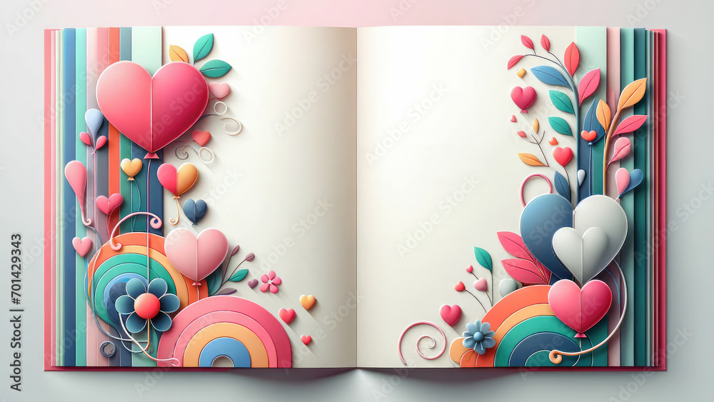 Romantic Valentine's Day themed image backgrounds an open book with 3D ...