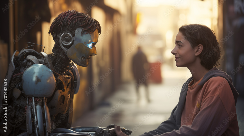 man versus robot looking at each other, face to face, side view. Neural ...