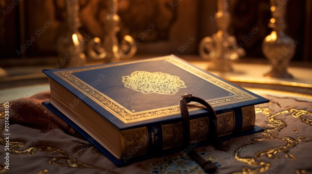 Blue holy quran with arabic calligraphy with rosary beads on mosque ...