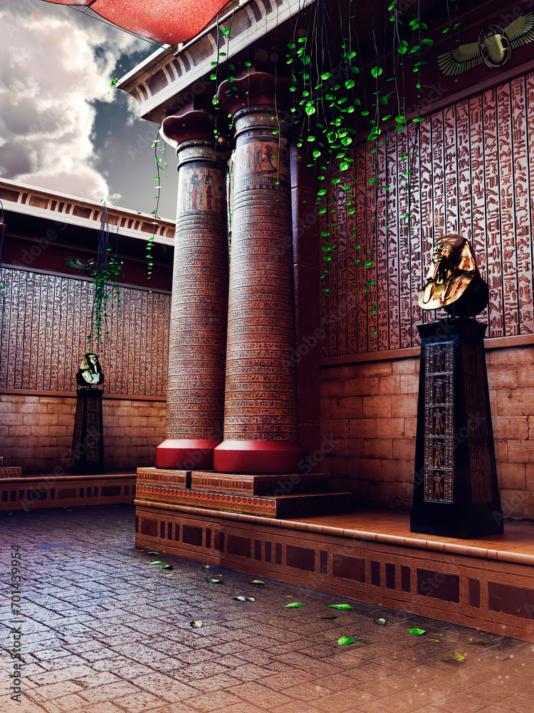 Fantasy scene with a wall of an ancient Egyptian temple, with ...