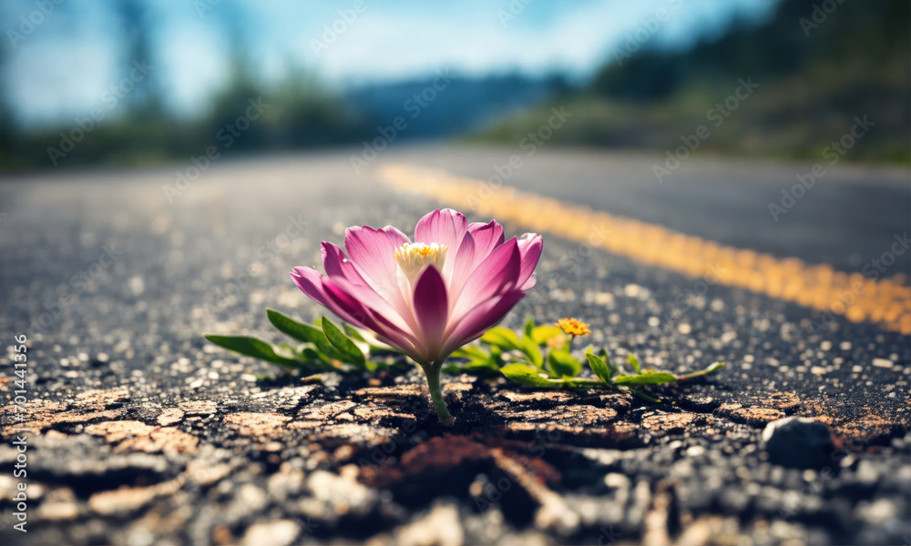 Une petite fleur qui pousse au milieu de la route dans du goudron ...