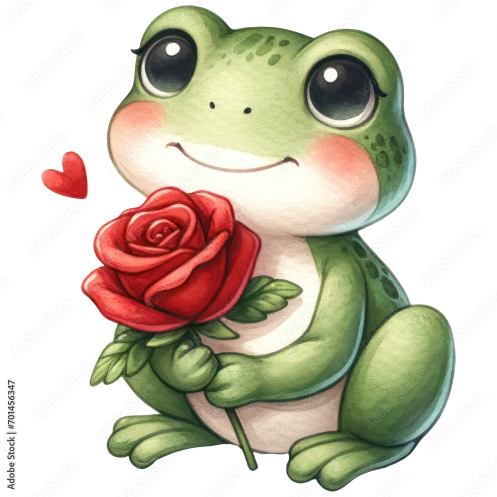 Cute frog holding red rose, Happy Valentine's Day, Watercolor, Isolated ...