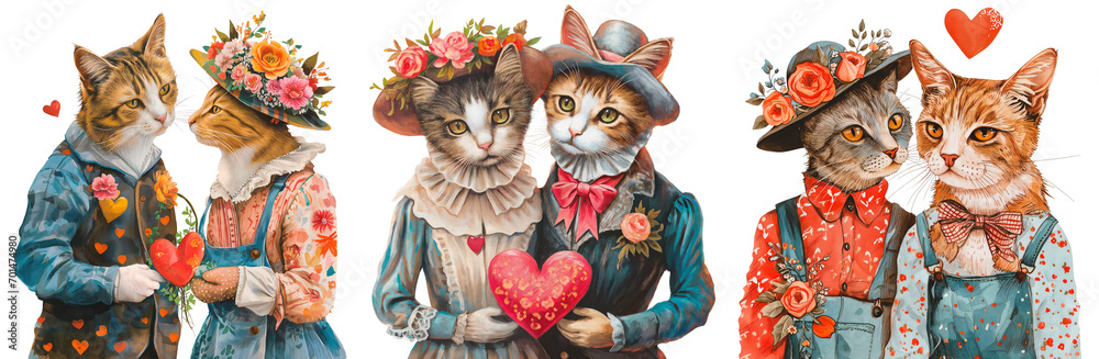 Set of vintage drawn loving cats in retro clothes. Cat couples with ...