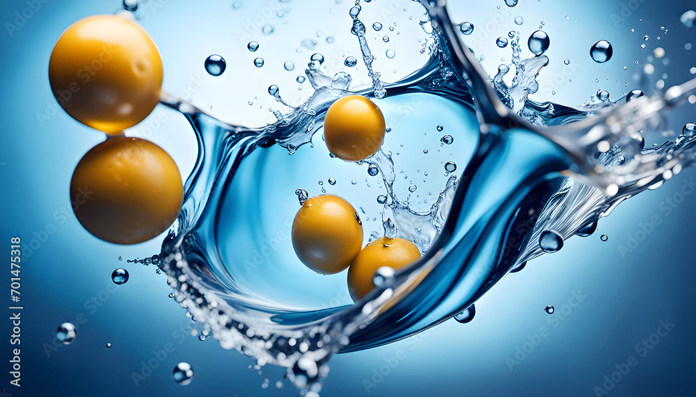 Cosmetic essence, liquid water molecules, molecules inside liquid ...