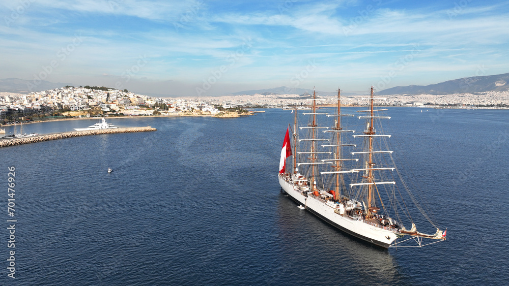 Aerial drone photo of beautiful 3 mast barque or barc type classic ...