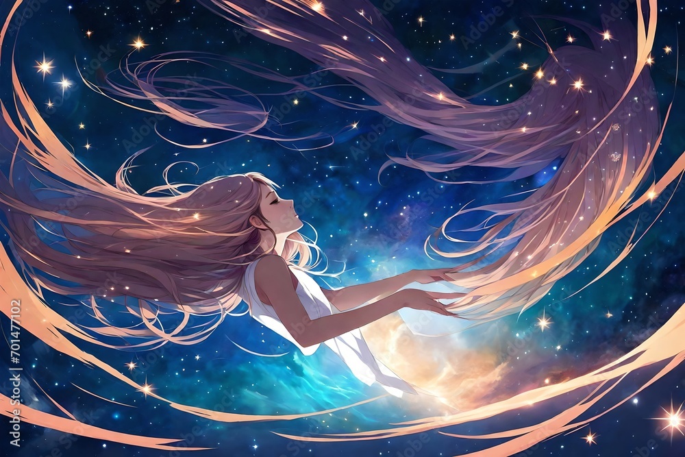 digital illustration of a beautiful anime girl floating gracefully in ...