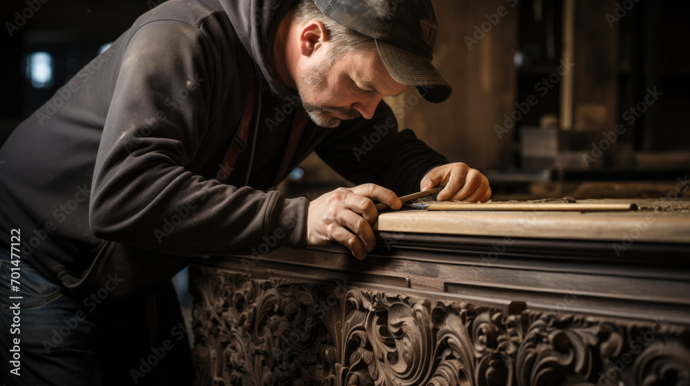 meticulous efforts of a carpenter to restore an old and worn piece of ...