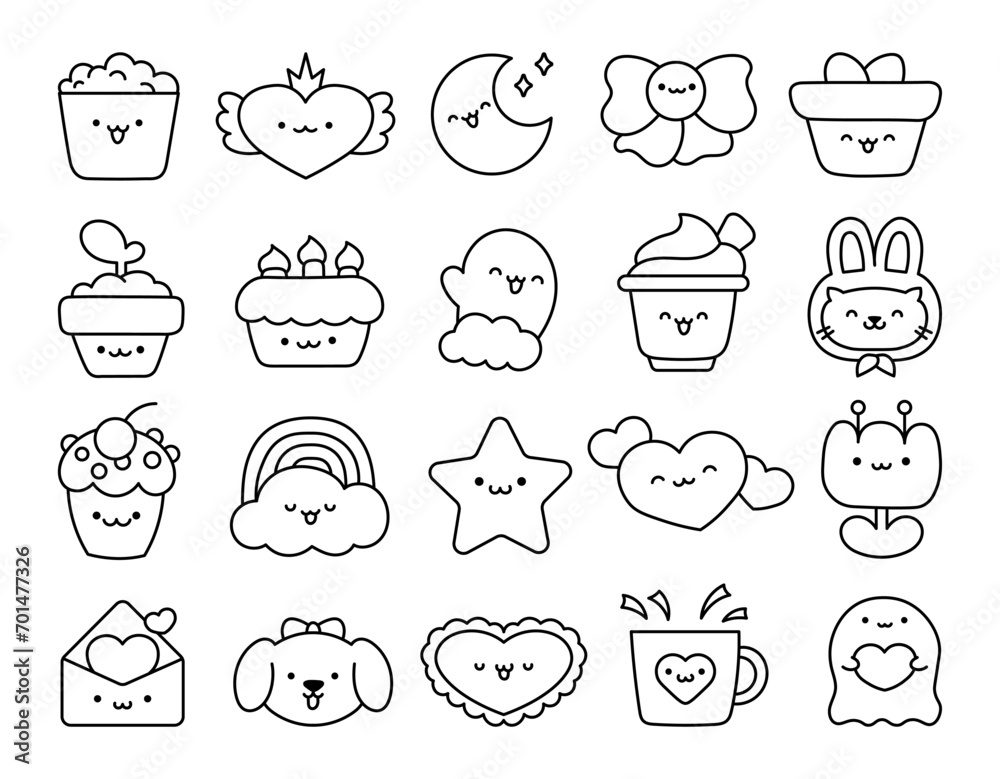 Cartoon cute happy kawaii characters. Coloring Page. Lifestyle. Hand ...