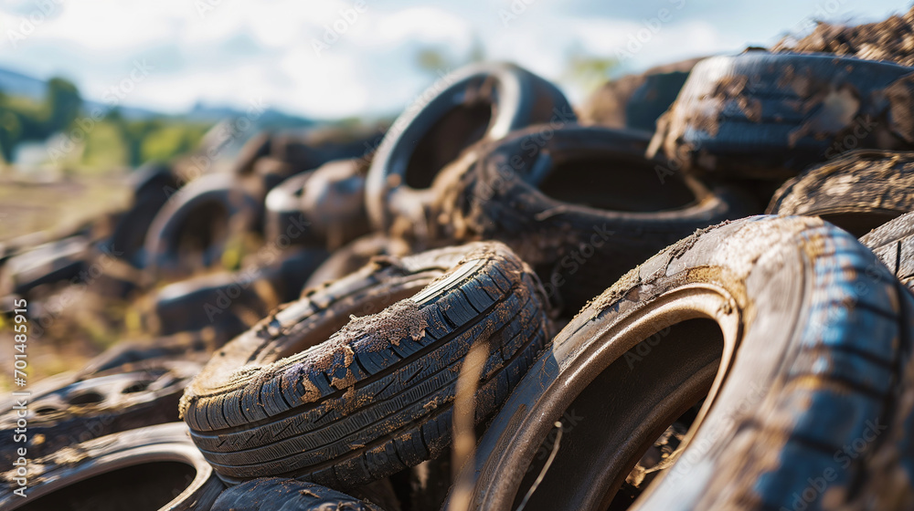 Pile of old tires for rubber recycling. Treatment of used tires and wheels in an industrial ...