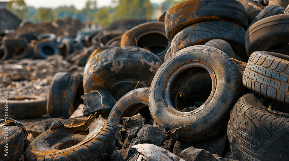 Pile of old tires for rubber recycling. Treatment of used tires and wheels in an industrial ...