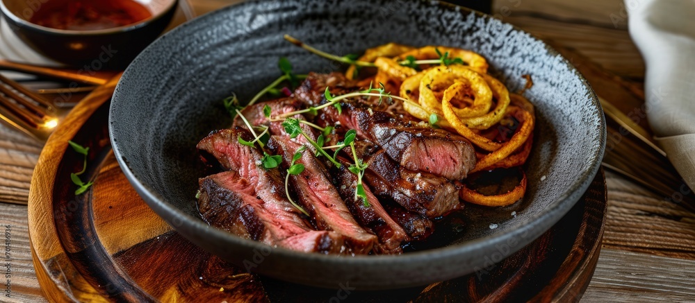 Modern style traditional Cuban dry aged angus bistec encebollado steak ...