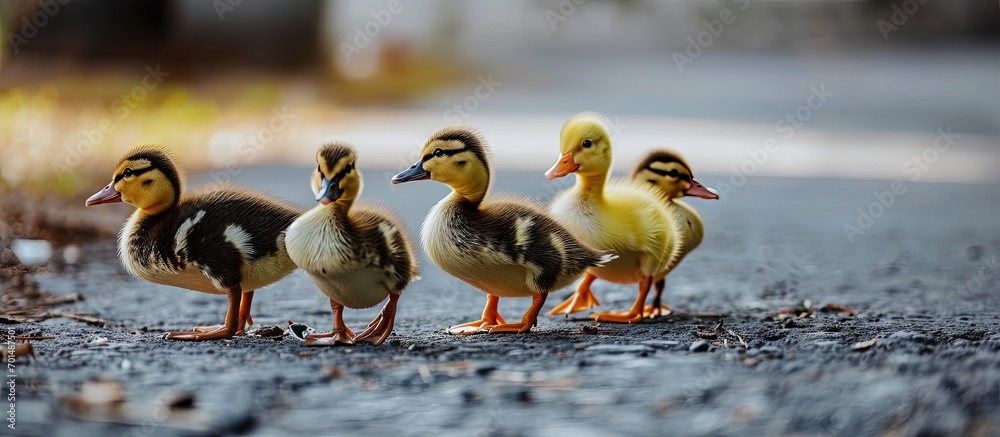 Seven muscovy ducklings with white brown and pale yellow feathers are ...
