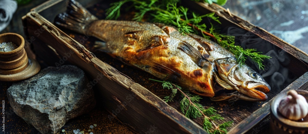 Smoked fish in smokehouse box Hot smoked river bass fish cooked with ...