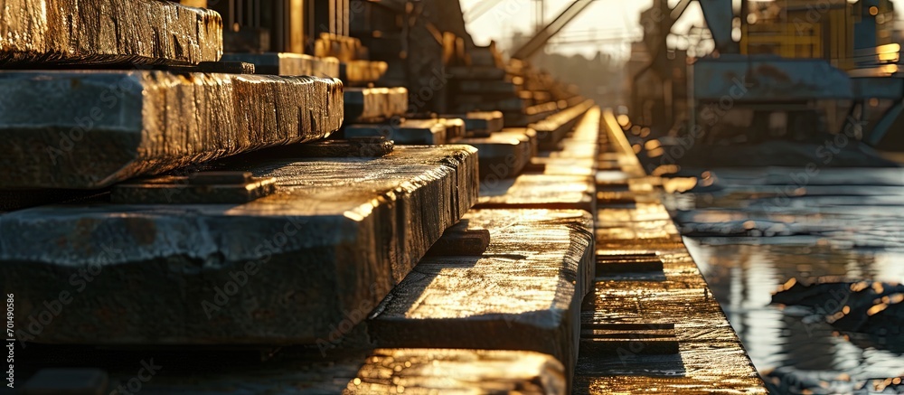 Stowage of steel billets inside of ship s cargo hold. Creative Banner ...
