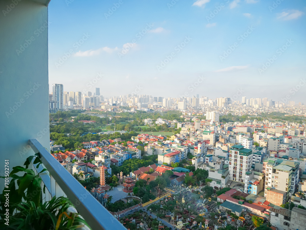 House plants at compact balcony garden of high-rise apartment aerial ...