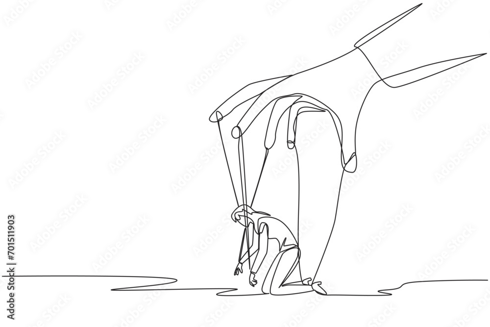 Single one line drawing businesswoman kneel, whole body bound by ropes ...