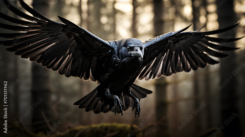 raven captured in midflight in a forest, in the style of wildlife ...
