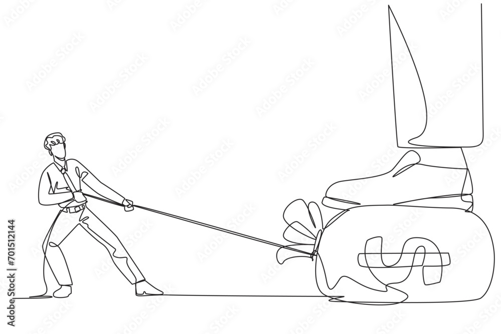Continuous one line drawing tries to take money bag stepped on by giant ...