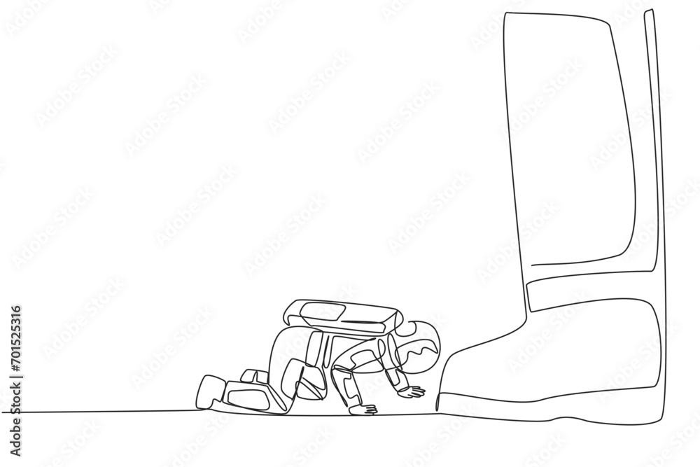 Single continuous line drawing young astronaut kneels and licks giant ...