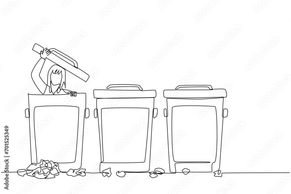 Single continuous line drawing businesswoman peeking out of trash can ...